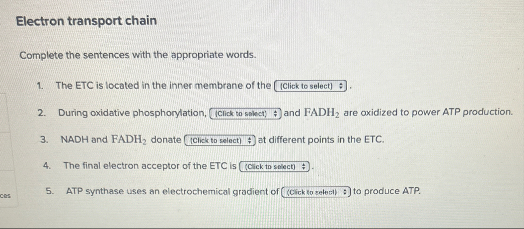 Solved Electron transport chainComplete the sentences with | Chegg.com