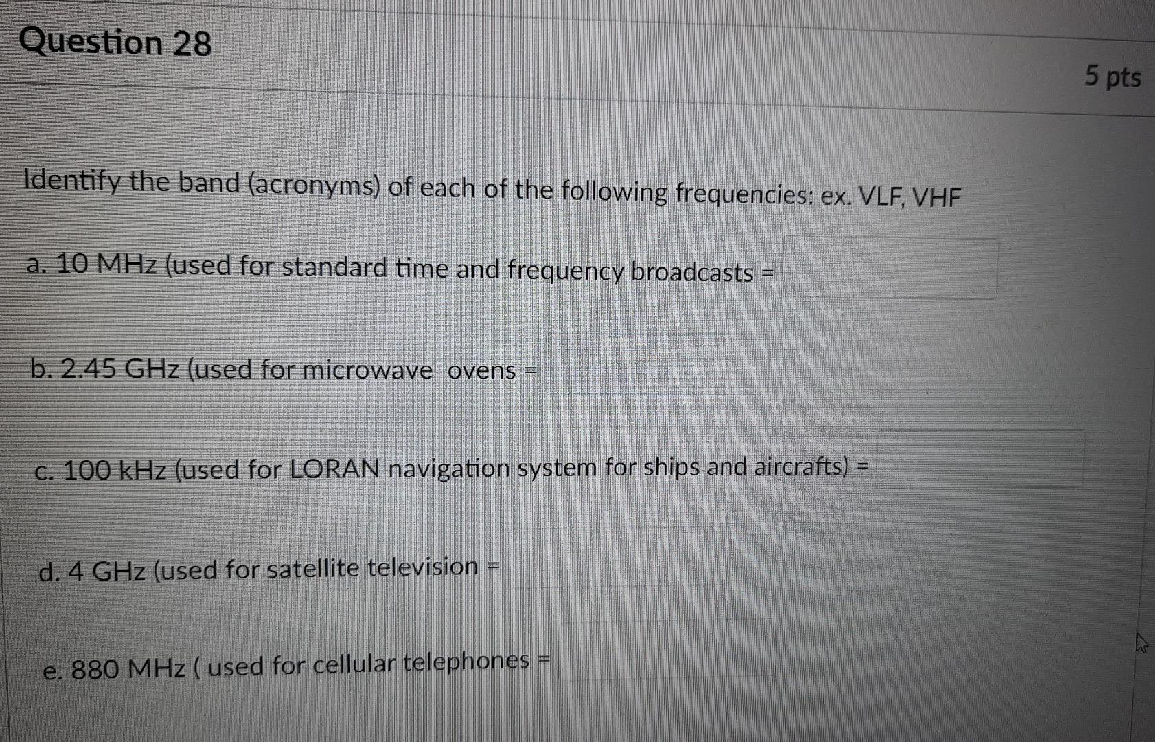Solved Question 28 5 pts Identify the band (acronyms) of | Chegg.com