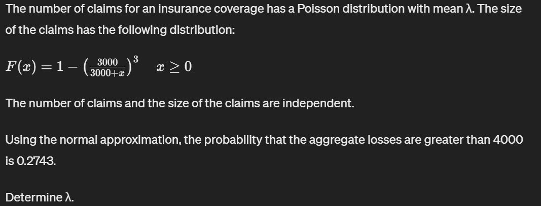 Solved The number of claims for an insurance coverage has a | Chegg.com