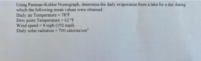 Using Penman-Kohler Nomograph, determine the daily | Chegg.com