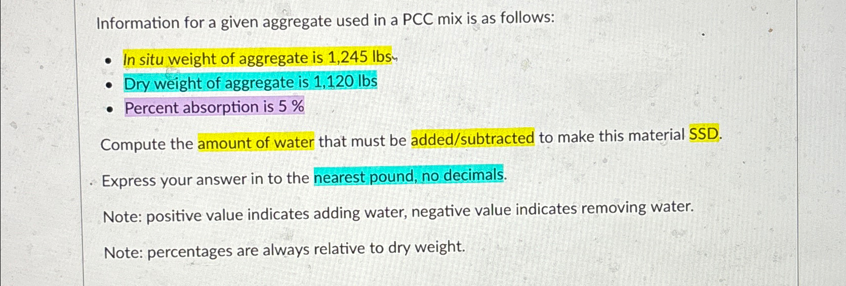 Solved Information for a given aggregate used in a PCC mix | Chegg.com