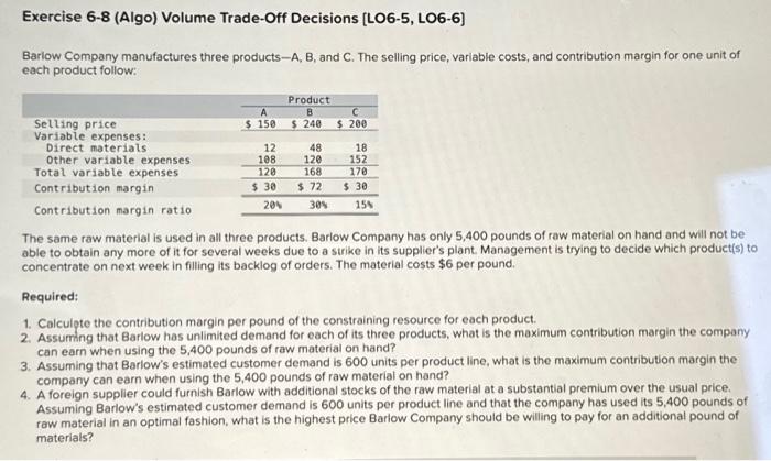 Solved Exercise 6-8 (Algo) Volume Trade-Off Decisions | Chegg.com