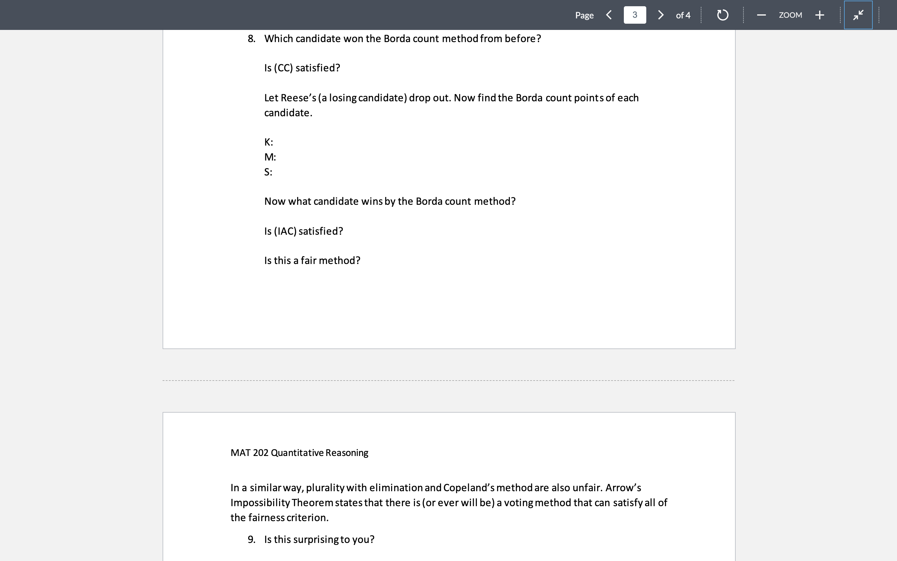 Solved Voting WorksheetWhich candidate won the Borda count | Chegg.com