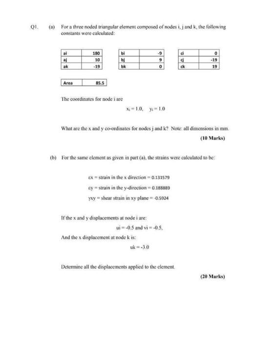 Solved Q1. (W) For a three noded triangular element composed | Chegg.com