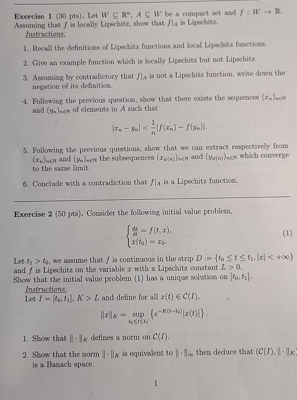 Solved Exercise 1(30pts). Let W⊆Rn,A⊆W be a compact set and | Chegg.com