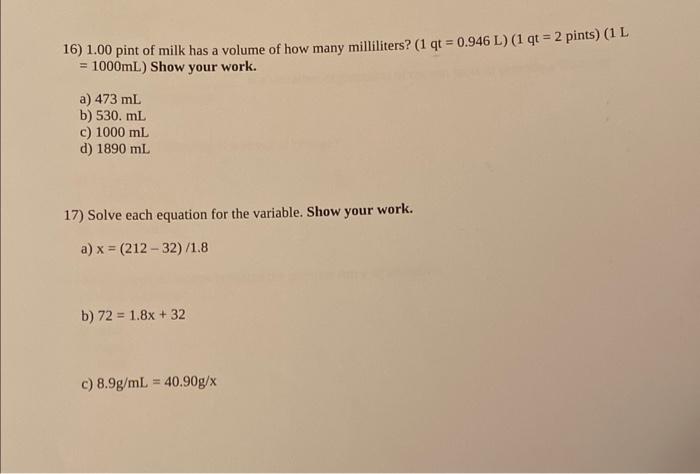 Solved 16) 1.00 pint of milk has a volume of how many | Chegg.com