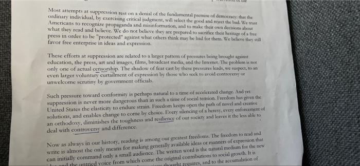 Solved The Freedom to Read Statement The freedom to read is | Chegg.com