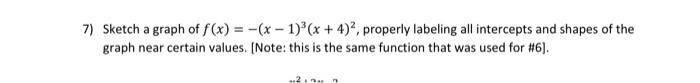 Solved 7) Sketch a graph of f(x)=−(x−1)3(x+4)2, properly | Chegg.com