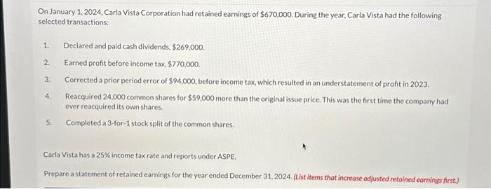Solved On January 1, 2024, Carla Vista Corporation had | Chegg.com