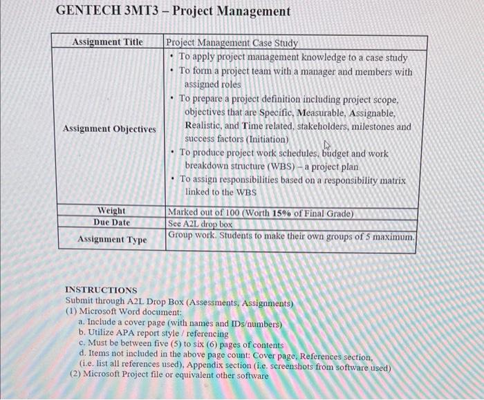 Solved GENTECH 3MT3 - Project Management INSTRUCTIONS Submit | Chegg.com
