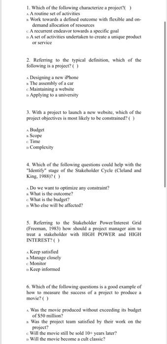 Solved 1. Which of the following characterize a project) A | Chegg.com