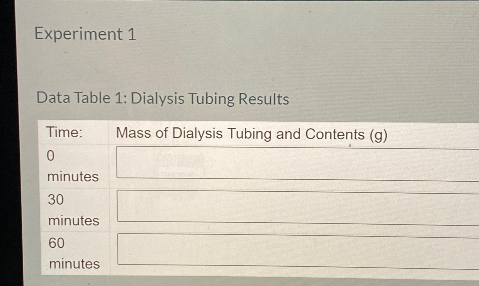 Solved Experiment 1Data Table 1: Dialysis Tubing | Chegg.com Solved Experiment 1Data Table 1: Dialysis Tubing | Chegg.com