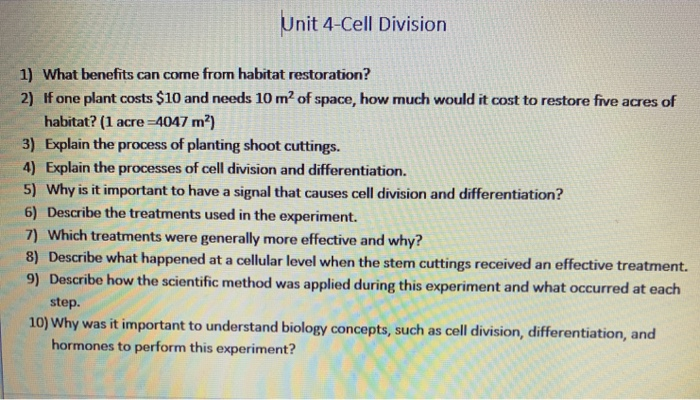 Solved Unit 4-Cell Division 1) What benefits can come from | Chegg.com