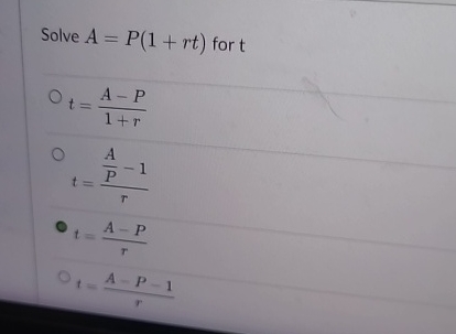 Solved Solve A=P(1+rt) ﻿for tt=A-P1+rt=AP-1rt=A-PT1A-1r | Chegg.com