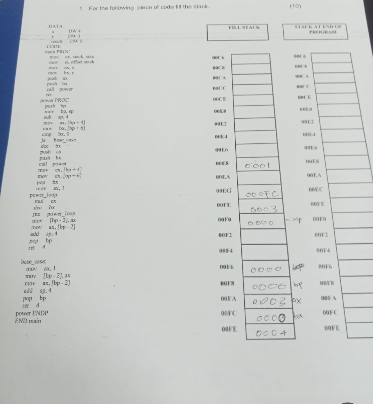 Solved For the following piece of code fill the stack. | Chegg.com