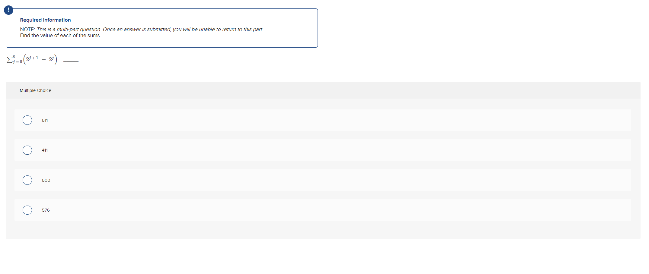 Solved ∑j=08(2j+1-2j)=Multiple Choice511411500576 | Chegg.com