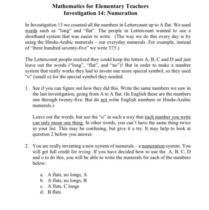 Solved Mathematics for Elementary Teachers Investigation 14: | Chegg.com