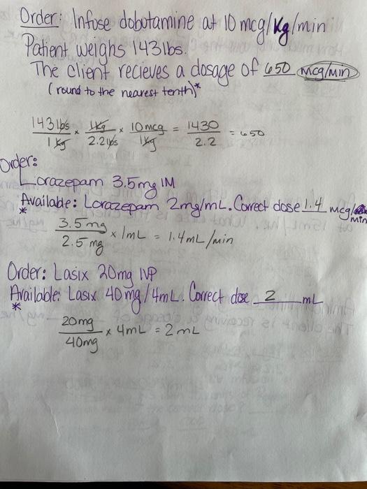 Solved I Min The 250 Ml 0 5mL Order Dopamine 6 Mcg kg min Chegg
