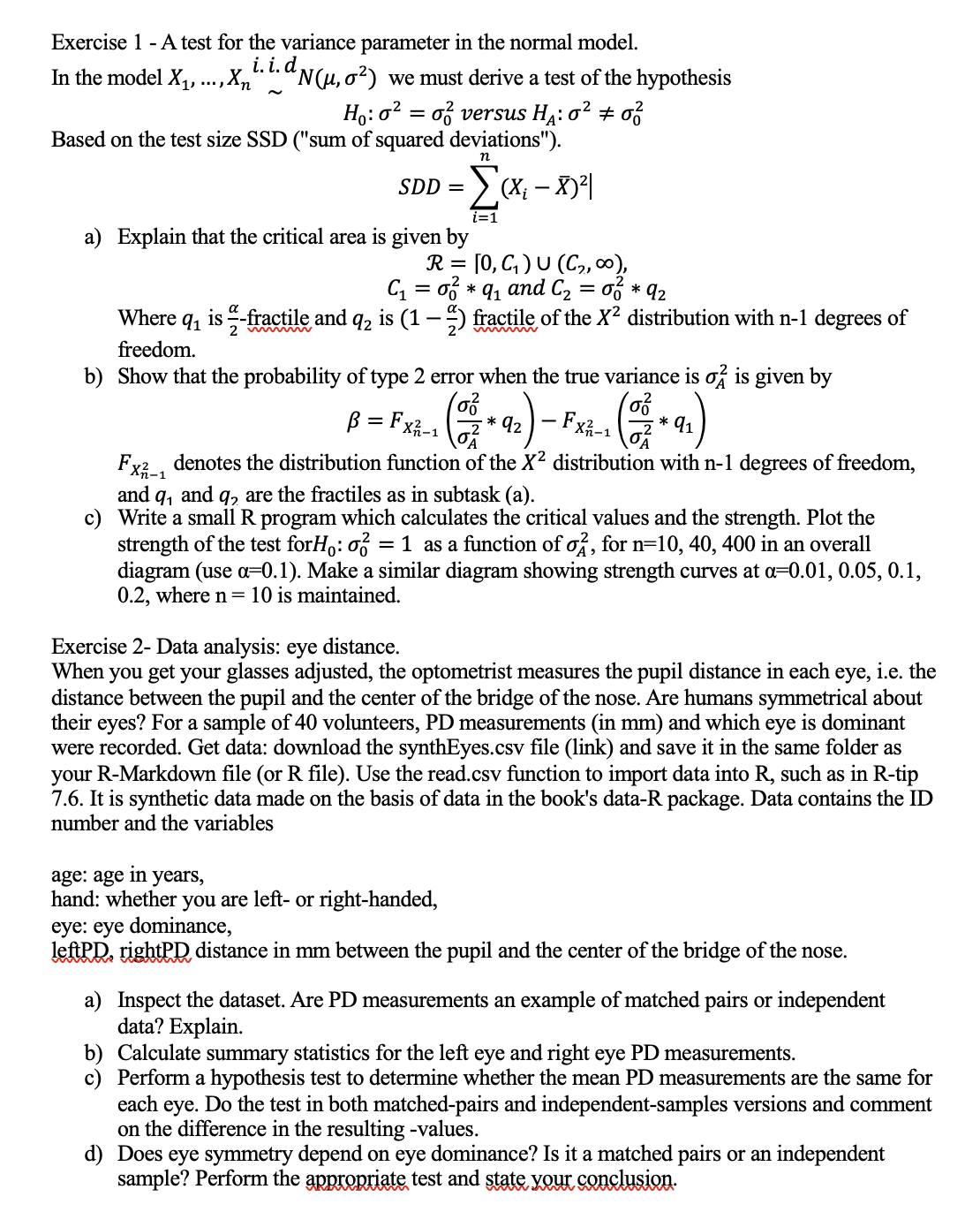 Exercise 1 - ﻿A test for the variance parameter in | Chegg.com