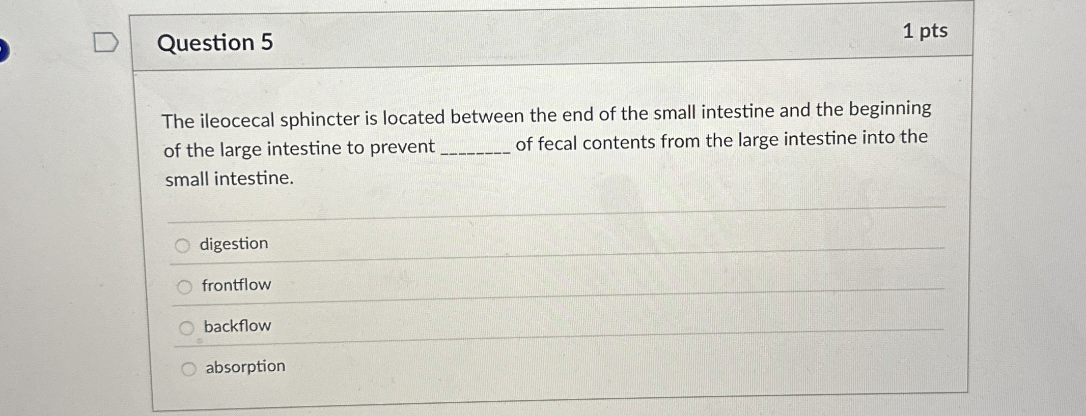 Solved Question 51 ﻿ptsThe ileocecal sphincter is located | Chegg.com