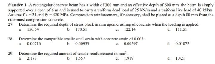 Solved Situation 1. A rectangular concrete beam has a width | Chegg.com