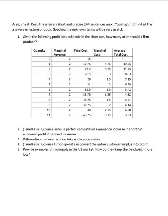 Solved Keep the answers short and precise (3-4 sentences | Chegg.com