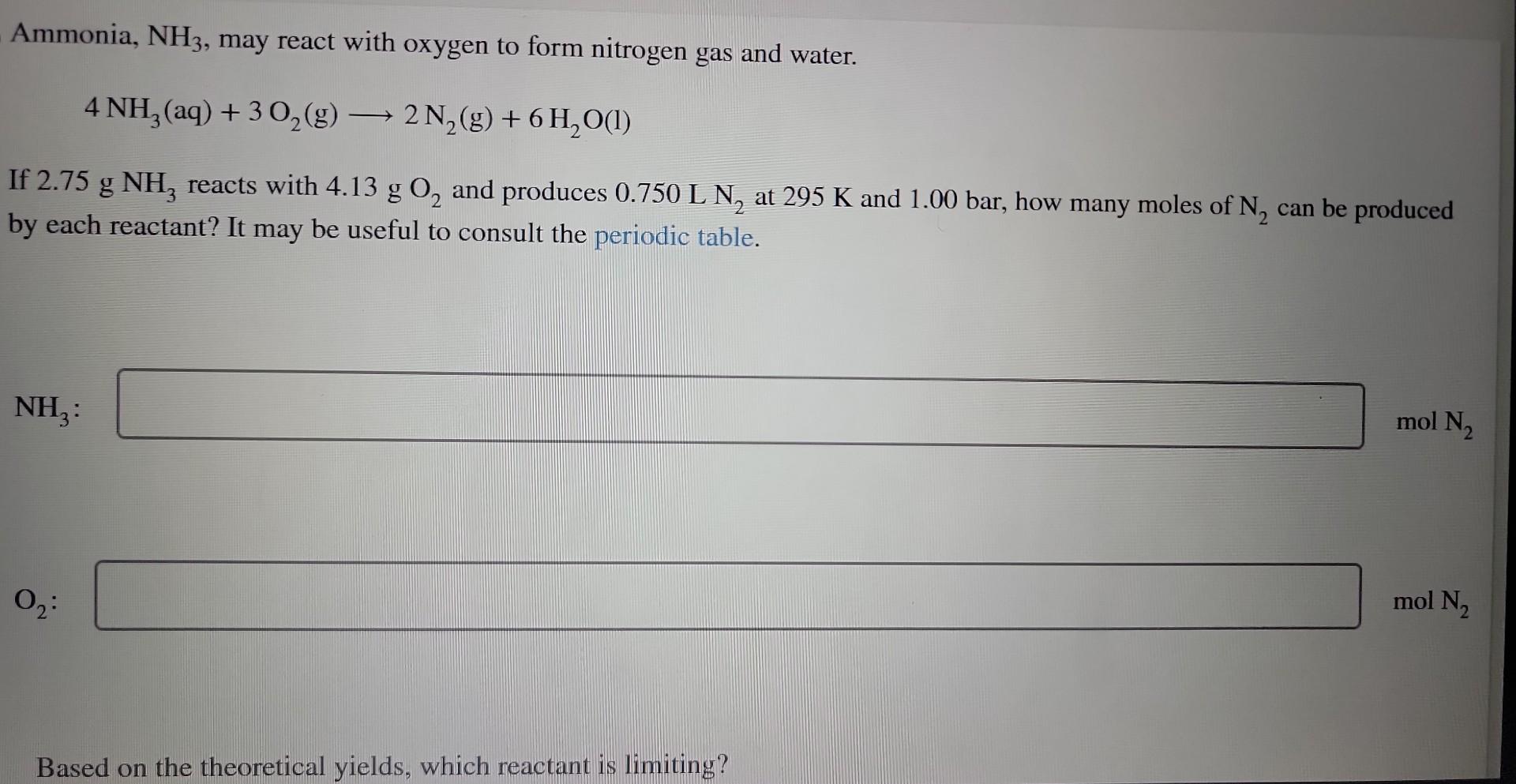 Solved Ammonia, NH3, may react with oxygen to form nitrogen | Chegg.com