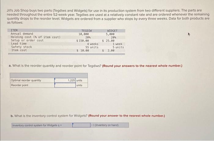 Solved Jill's Job Shop buys two parts (Tegdiws and Widgets) | Chegg.com