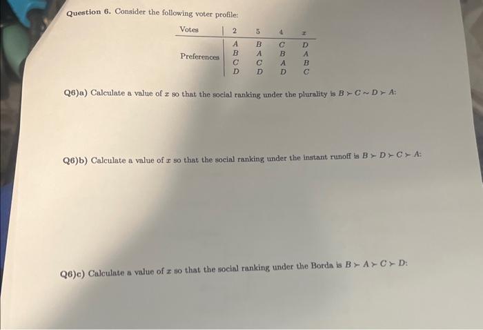 Solved Question 6. Consider the following voter profile: | Chegg.com