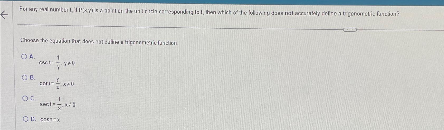 Solved For any real number t, if P(x,y) is a point on the | Chegg.com