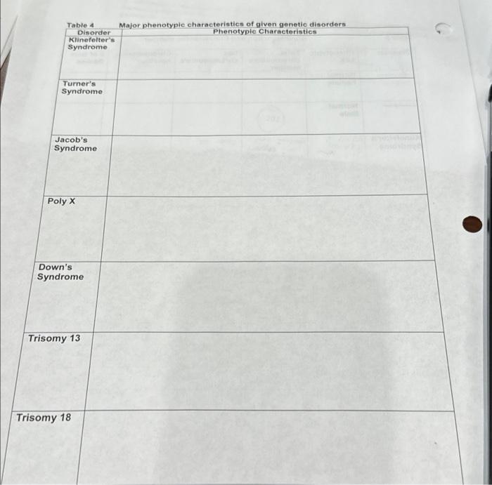 Solved Table 4 Disorder Klinefelter's Syndrome Turner's | Chegg.com