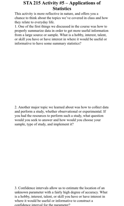 Solved STA 215 Activity #5 - Applications of Statistics This | Chegg.com