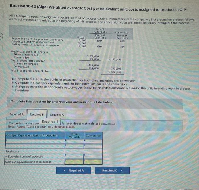 Solved Exercise 16-12 (Algo) Welghted average: Cost per | Chegg.com
