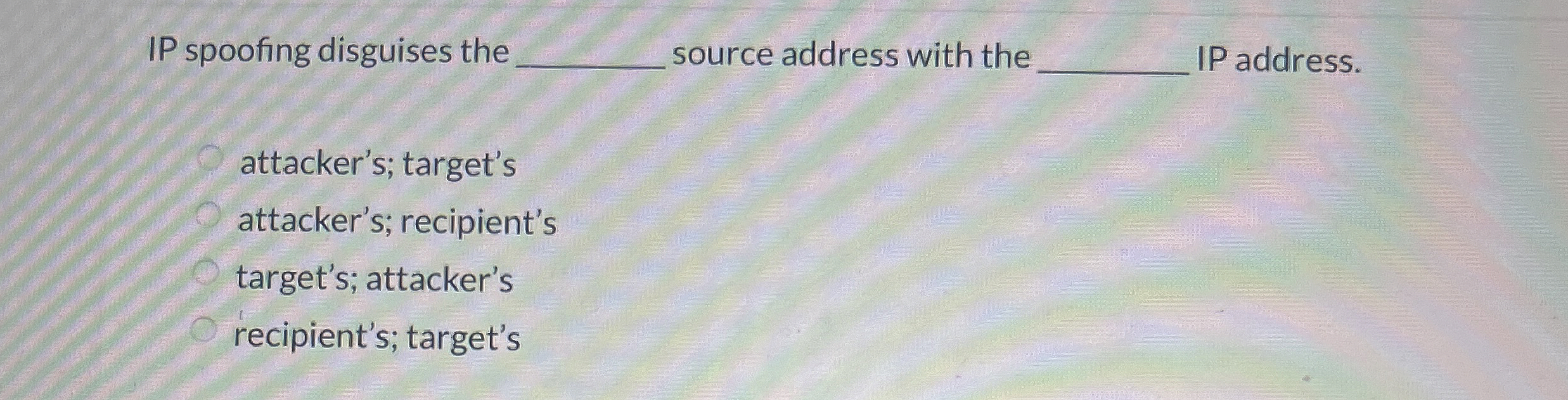 Solved IP spoofing disguises the ﻿source address with the | Chegg.com