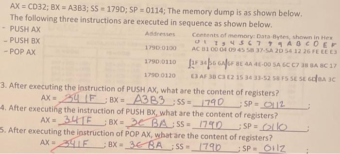 Solved AX=CD32;BX=A3B3;SS=179D;SP=0114; The memory dump is | Chegg.com