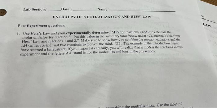 Solved Lab Section: Date: Name: ENTHALPY OF NEUTRALIZATION | Chegg.com