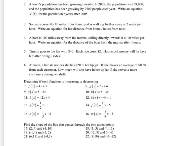 Solved 2. A town's population has been growing linearly. In | Chegg.com