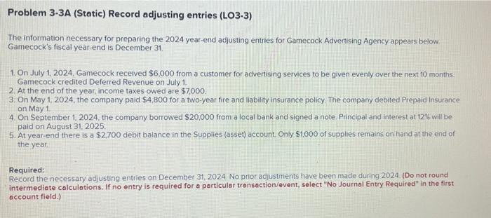 Solved Problem 3-3A (Static) Record adjusting entries | Chegg.com