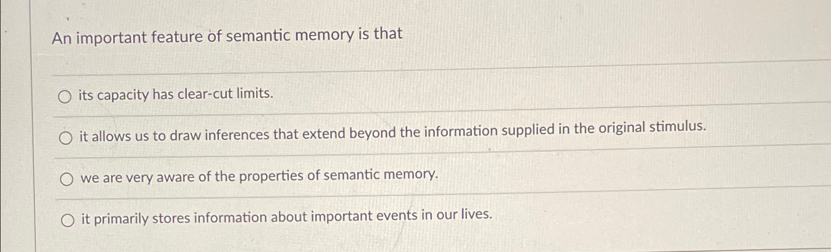 Solved An important feature of semantic memory is thatits | Chegg.com