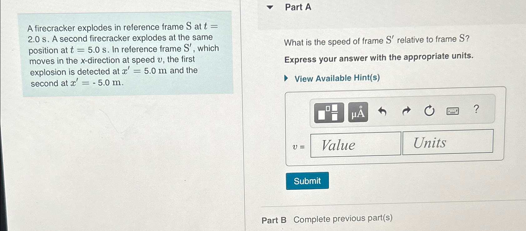 Solved Part AA firecracker explodes in reference frame S ﻿at | Chegg.com