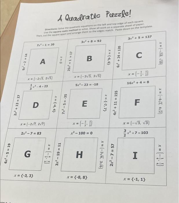 Solved A Quadratic Puzzle! Directions Solve the quadratic | Chegg.com