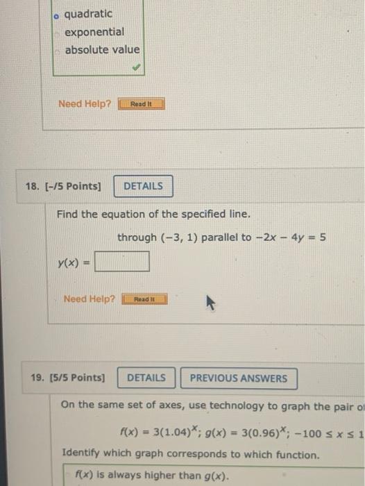 Solved o quadratic exponential absolute value Need Help? | Chegg.com