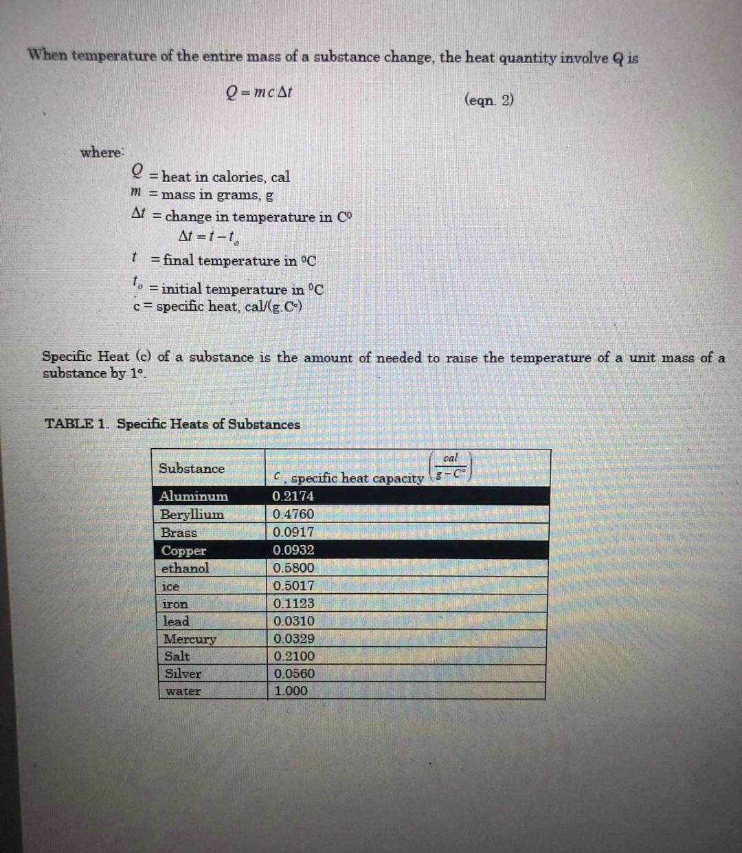 Solved EXPERIMENT NO. 106 Specific Heat INTRODUCTION Heat | Chegg.com