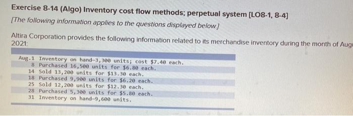 Solved Exercise 8-14 (Algo) Inventory cost flow methods; | Chegg.com