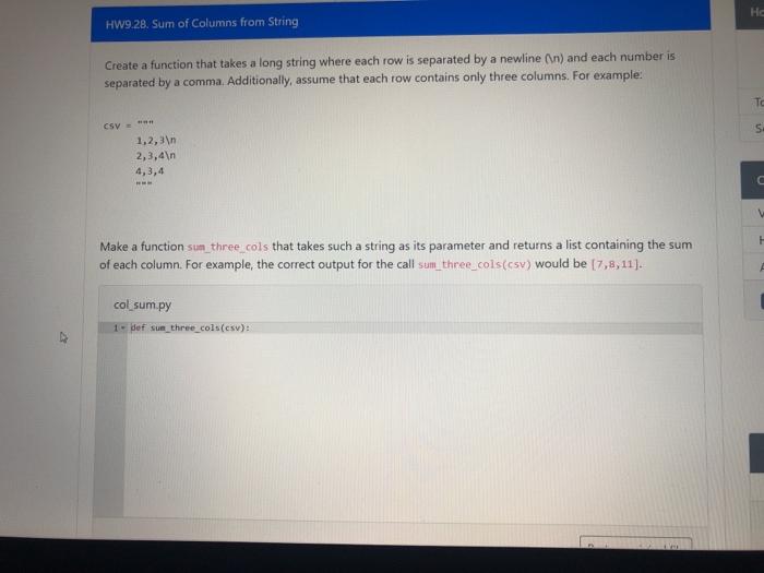 Solved Hc HW9.28. Sum of Columns from String Create a | Chegg.com