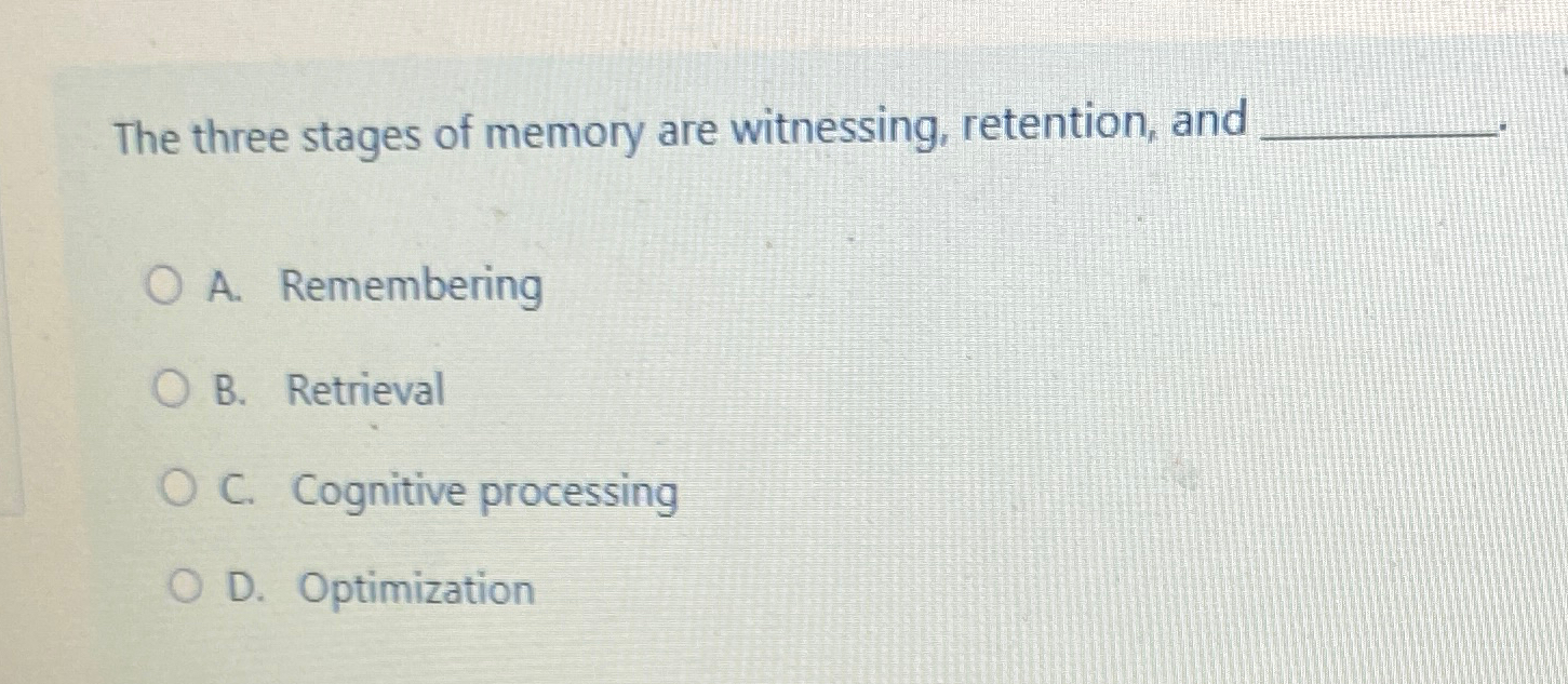 Solved The three stages of memory are witnessing, retention, | Chegg.com