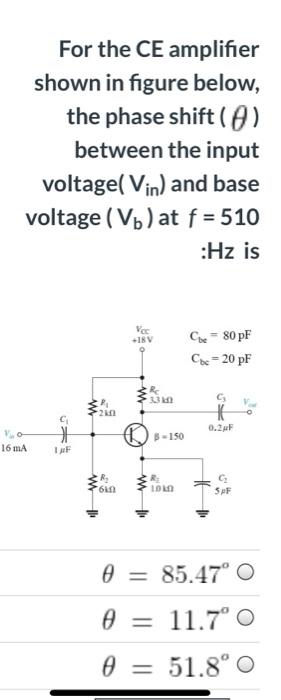 Solved For the CE amplifier shown in figure below, the phase | Chegg.com