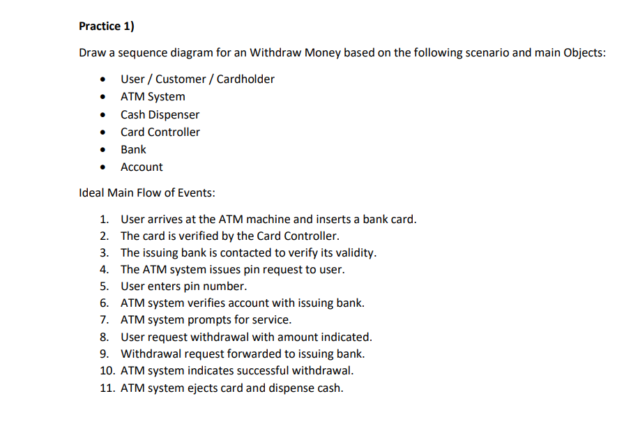 Solved Practice 1)Draw a sequence diagram for an Withdraw | Chegg.com
