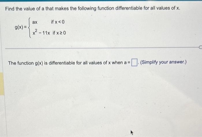Solved Find the value of a that makes the following function | Chegg.com