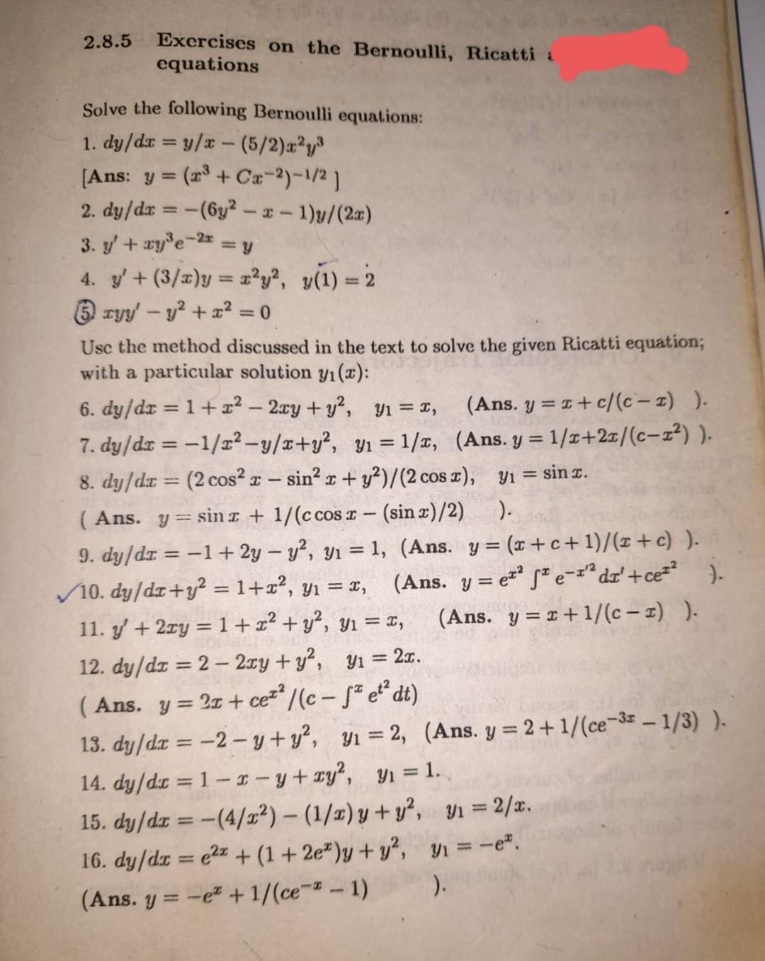 Solved 2.8.5 Exercises on the Bernoulli, Ricatti : equations | Chegg.com